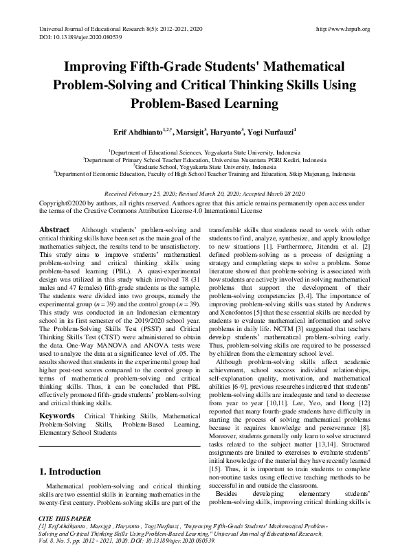 (PDF) Improving Fifth-Grade Students' Mathematical Problem-Solving and Critical Thinking Skills ...