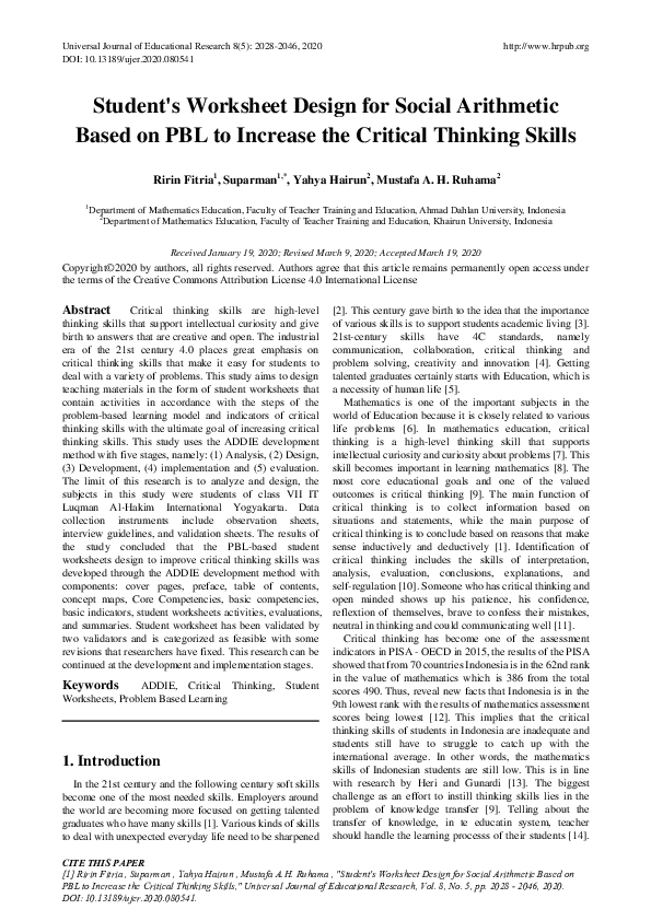 (PDF) Student's Worksheet Design for Social Arithmetic Based on PBL to ...