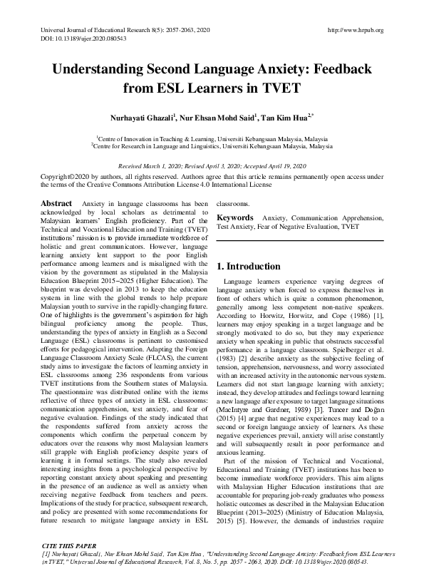 (PDF) Understanding Second Language Anxiety: Feedback from ESL Learners ...