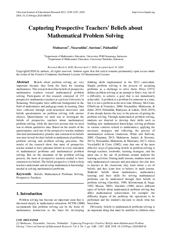 (PDF) Capturing Prospective Teachers' Beliefs about Mathematical ...