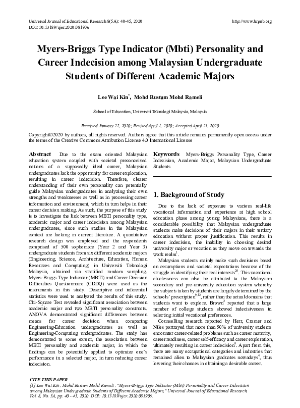 (PDF) Myers-Briggs Type Indicator (Mbti) Personality and Career ...