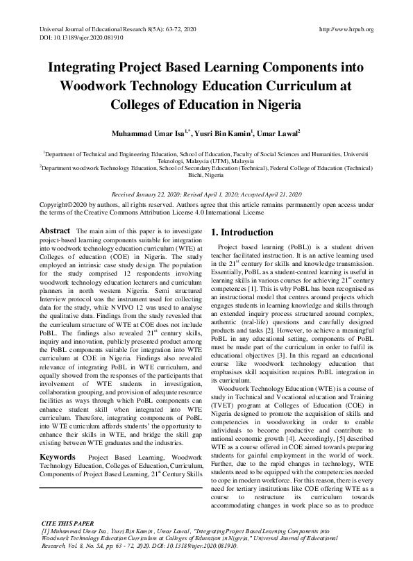 (PDF) Integrating Project Based Learning Components into Woodwork Technology Education ...