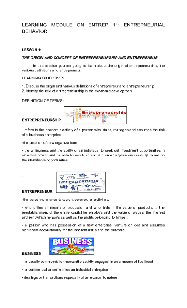 (DOC) LEARNING MODULE ON ENTREP 11: ENTREPNEURIAL BEHAVIOR LESSON 1 ...