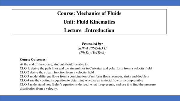 (PDF) Course: Mechanics of Fluids Unit: Fluid Kinematics Lecture notes