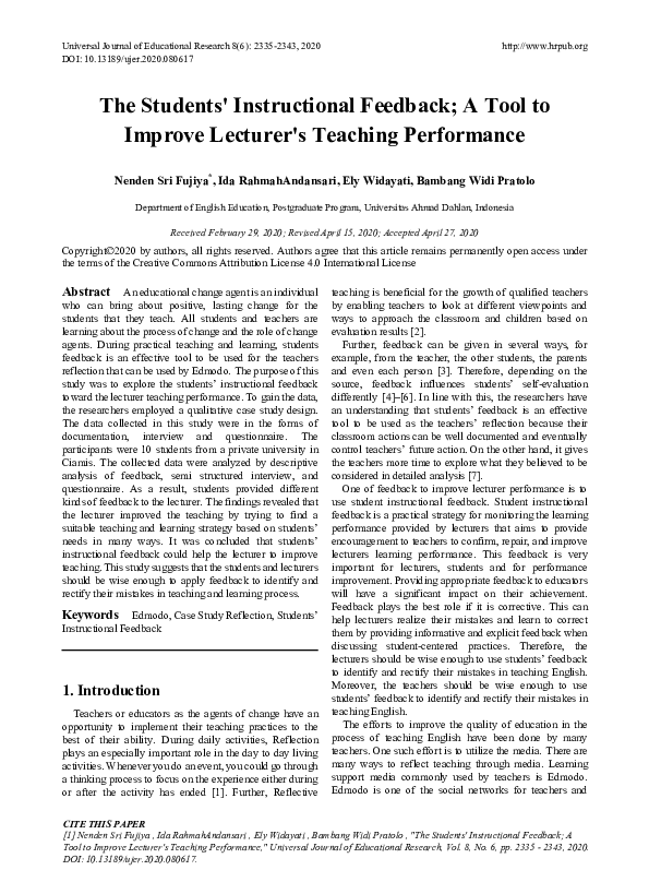 (PDF) The Students' Instructional Feedback; A Tool to Improve Lecturer ...