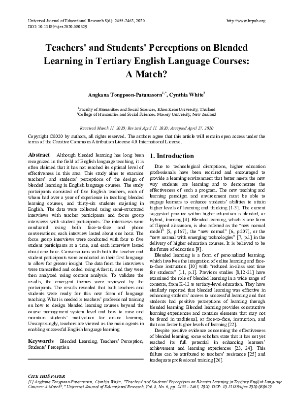 (PDF) Teachers' and Students' Perceptions on Blended Learning in ...