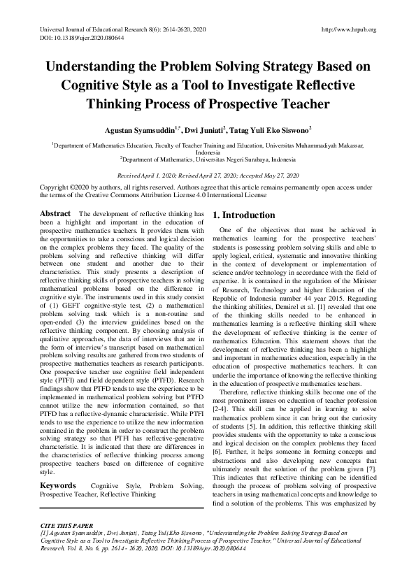 Pdf Understanding The Problem Solving Strategy Based On Cognitive Style As A Tool To