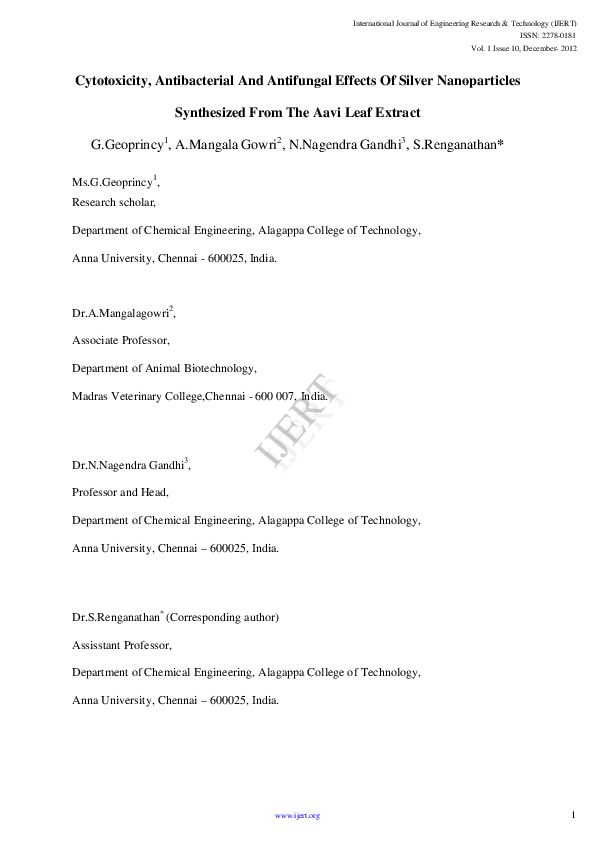 Pdf Ijert Cytotoxicity Antibacterial And Antifungal Effects Of