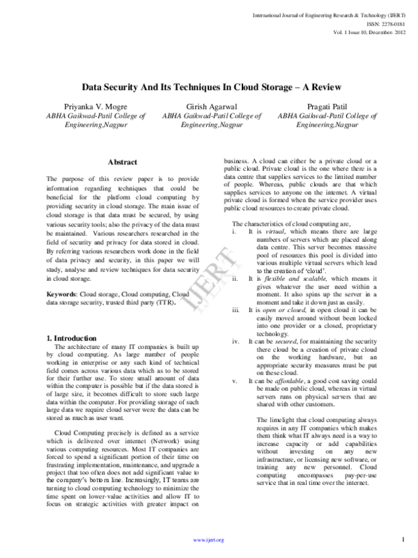 Pdf Ijert Data Security And Its Techniques In Cloud Storage A Review