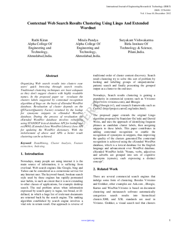 Pdf Ijert Contextual Web Search Results Clustering Using Lingo And