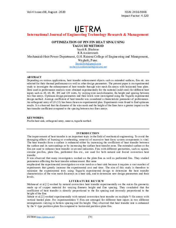 (PDF) OPTIMIZATION OF PIN FIN HEAT SINK USING TAGUCHI METHOD