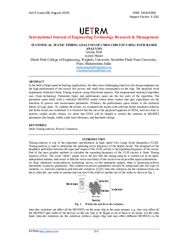 Pdf Statistical Static Timing Analysis Of Cmos Circuit Using Path Based Analysis Akshay Patil