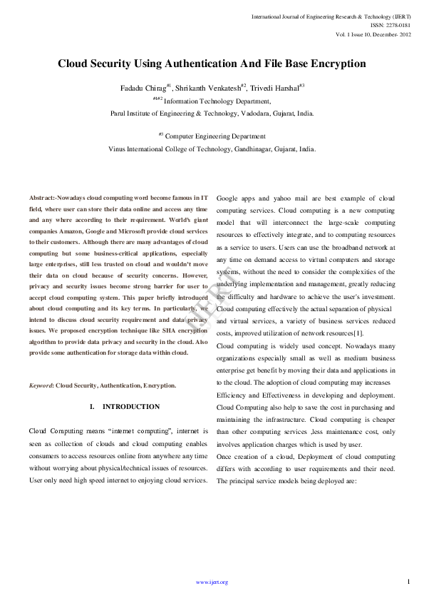 Pdf Ijert Cloud Security Using Authentication And File Base Encryption 