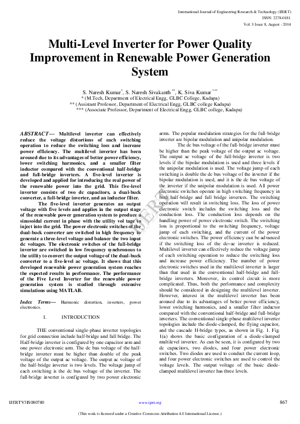 Pdf Ijert Multi Level Inverter For Power Quality Improvement In