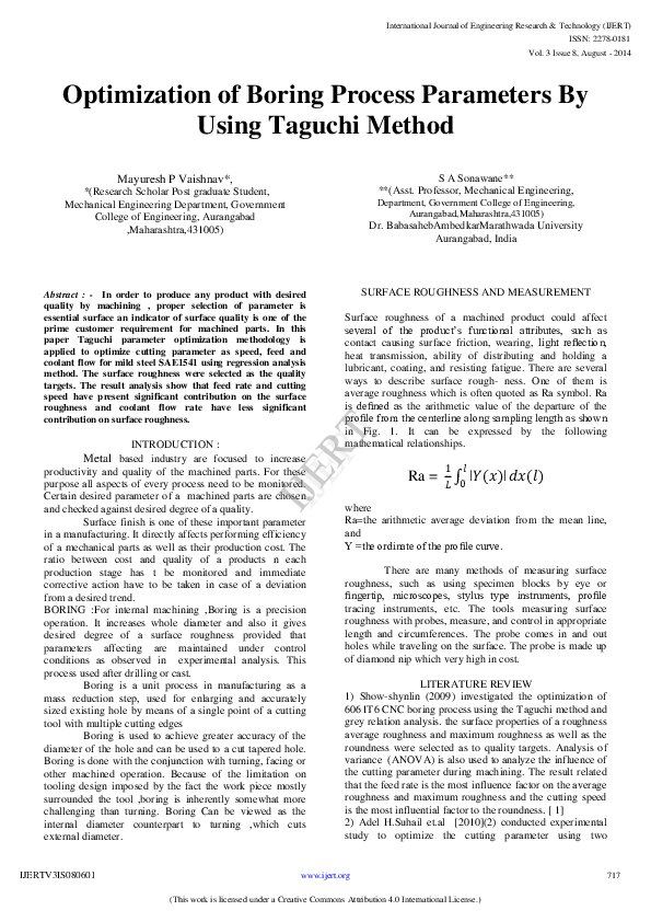 Pdf Ijert Optimization Of Boring Process Parameters By Using Taguchi