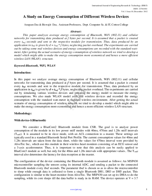 (PDF) IJERT-A Study on Energy Consumption of Different Wireless Devices (PDF) IJERT-A Study on Energy Consumption of Different Wireless Devices