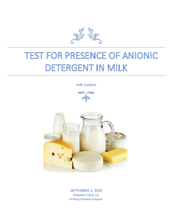 (PDF) TEST FOR PRESENCE OF ANIONIC DETERGENT IN MILK milk analysis
