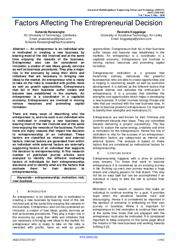 (PDF) Factors Affecting The Entrepreneurial Decision