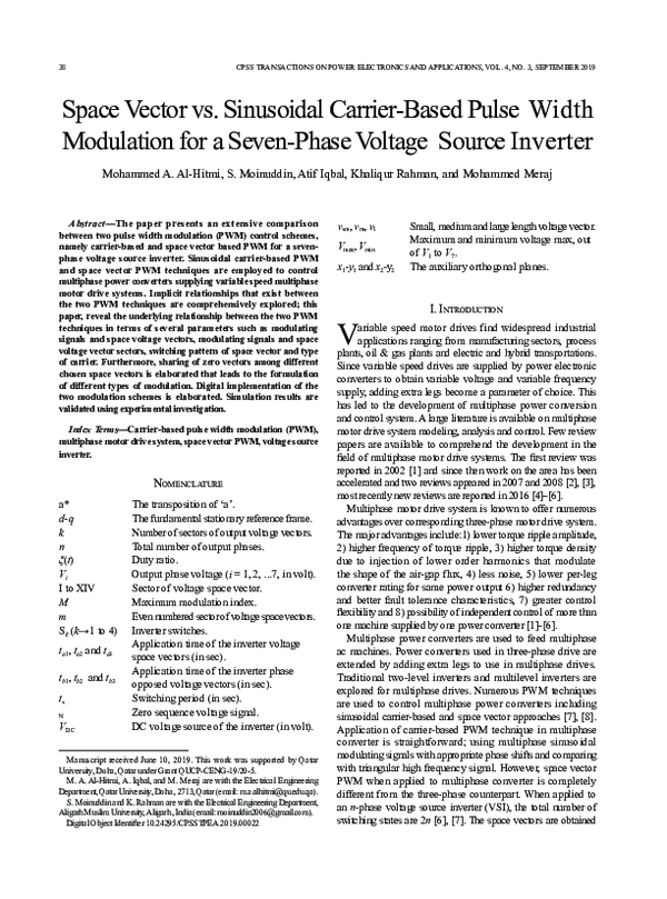 Pdf Space Vector Vs Sinusoidal Carrier Based Pulse Width Modulation