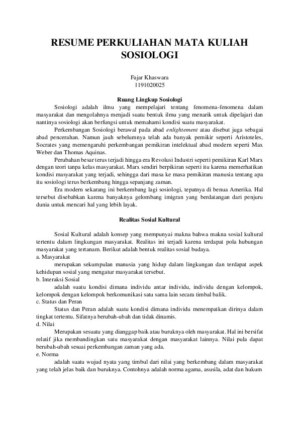 (PDF) RESUME PERKULIAHAN MATA KULIAH SOSIOLOGI