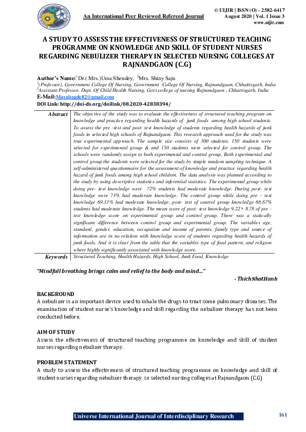 Pdf A Study To Assess The Effectiveness Of Structured Teaching