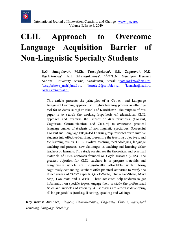 (PDF) CLIL Approach to Overcome Language Acquisition Barrier of Non-Linguistic Specialty Students
