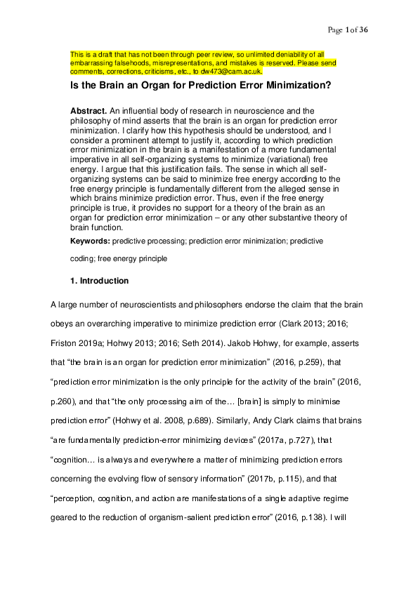 (PDF) Is the Brain an Organ for Prediction Error Minimization