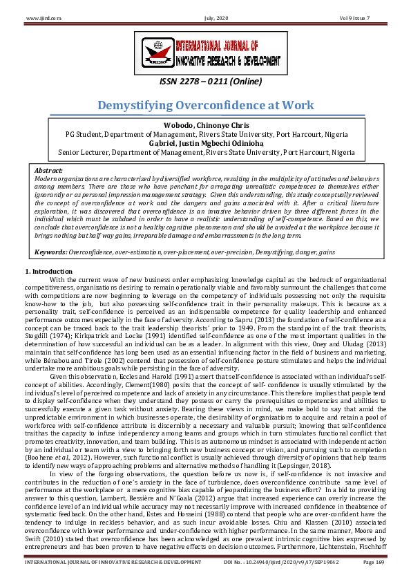 (PDF) Demystifying Overconfidence at Work