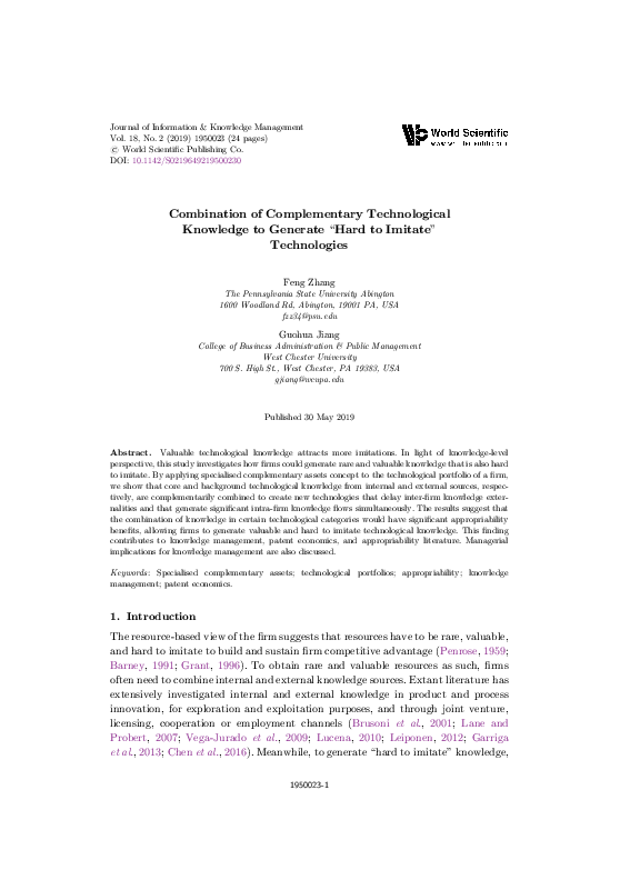 (PDF) Combination of Complementary Technological Knowledge to Generate ...
