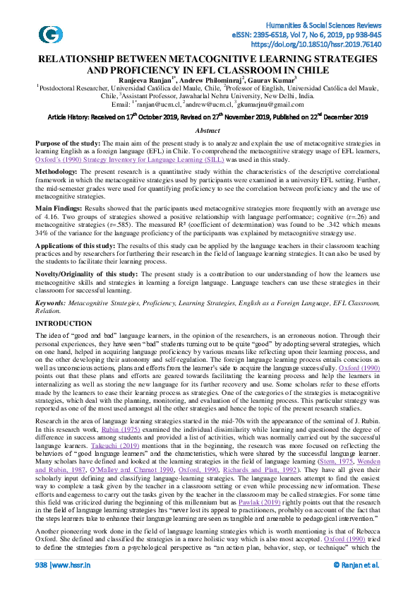 Pdf Relationship Between Metacognitive Learning Strategies And Proficiency In Efl Classroom In