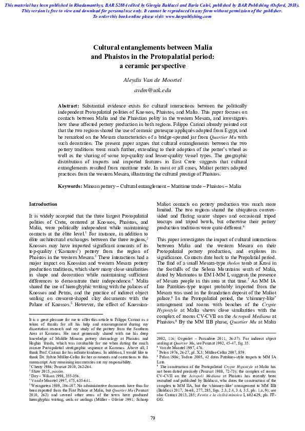 (PDF) Van de Moortel, A., Cultural entanglements between Malia and ...