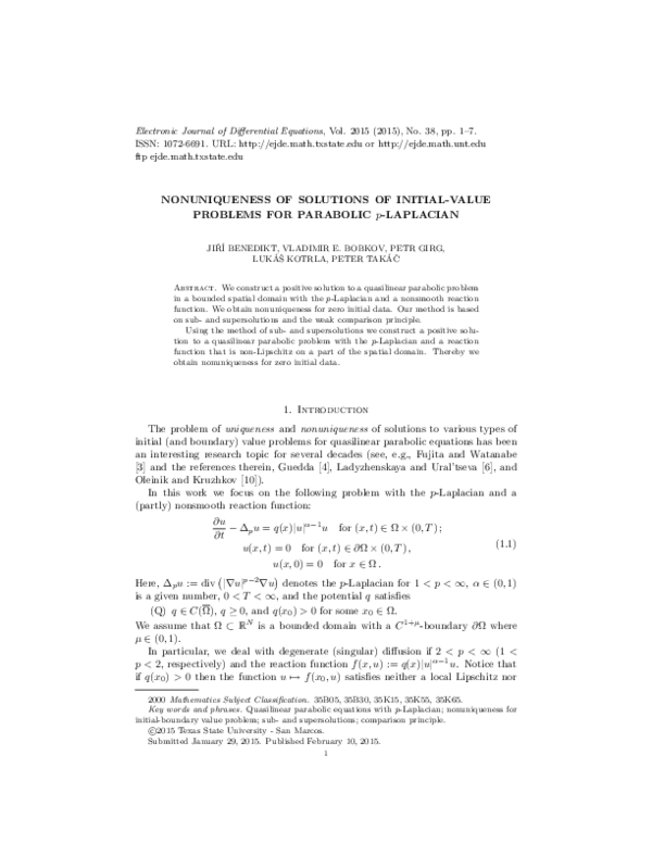 (PDF) NONUNIQUENESS OF SOLUTIONS OF INITIAL-VALUE PROBLEMS FOR PARABOLIC p-LAPLACIAN