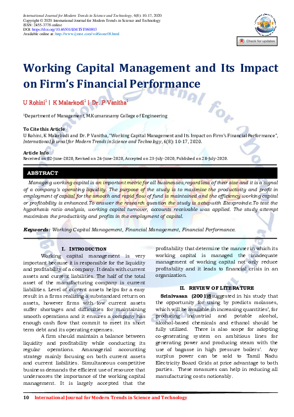 (PDF) Working Capital Management and Its Impact on Firm's Financial Performance
