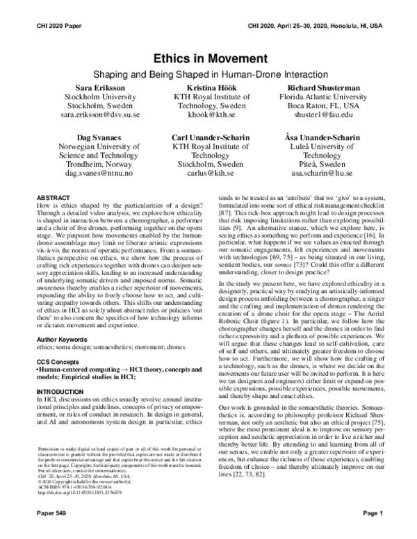 (PDF) Ethics in Movement: Shaping and Being Shaped in Human-Drone Interaction
