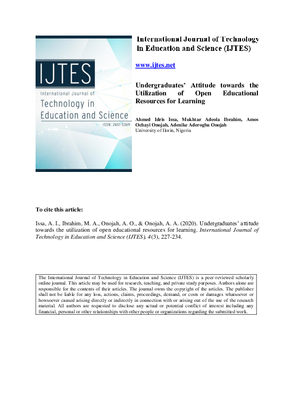 Pdf Undergraduates Attitude Towards The Utilization Of Open Educational Resources For Learning