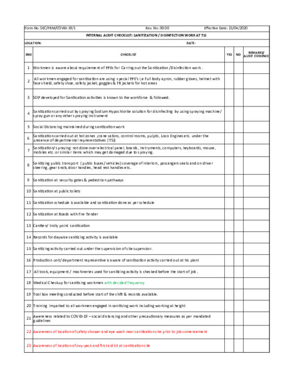 (XLS) Audit Checklist for Sanitization Disinfection at TSJ