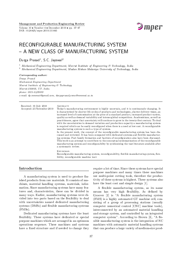 Pdf Reconfigurable Manufacturing System A New Class Of Manufacturing System