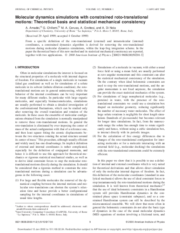 (PDF) Molecular dynamics simulations with constrained roto-translational motions: Theoretical ...