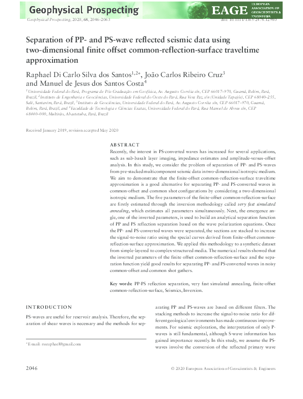 Pdf Separation Of Pp And Ps Wave Reflected Seismic Data Using Two Dimensional Finite Offset