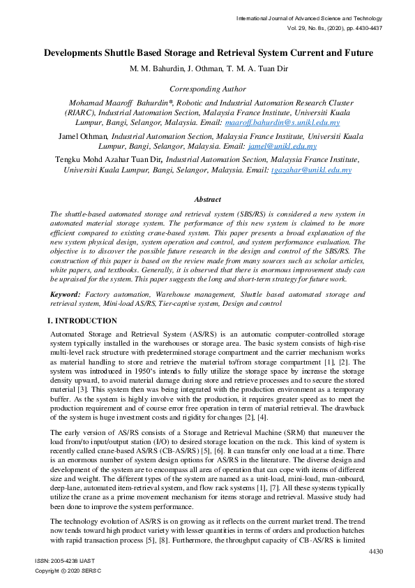 (PDF) Developments Shuttle Based Storage and Retrieval System Current and Future