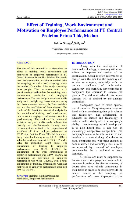 (PDF) Effect of Training, Work Environment and Motivation on Employee Performance at PT Central ...