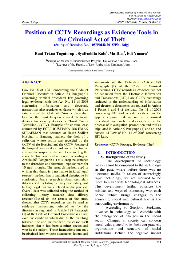 (PDF) Position of CCTV Recordings as Evidence Tools in the Criminal Act ...