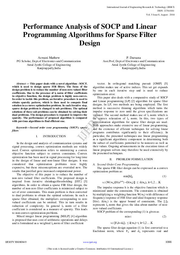 Pdf Ijert Performance Analysis Of Socp And Linear Programming