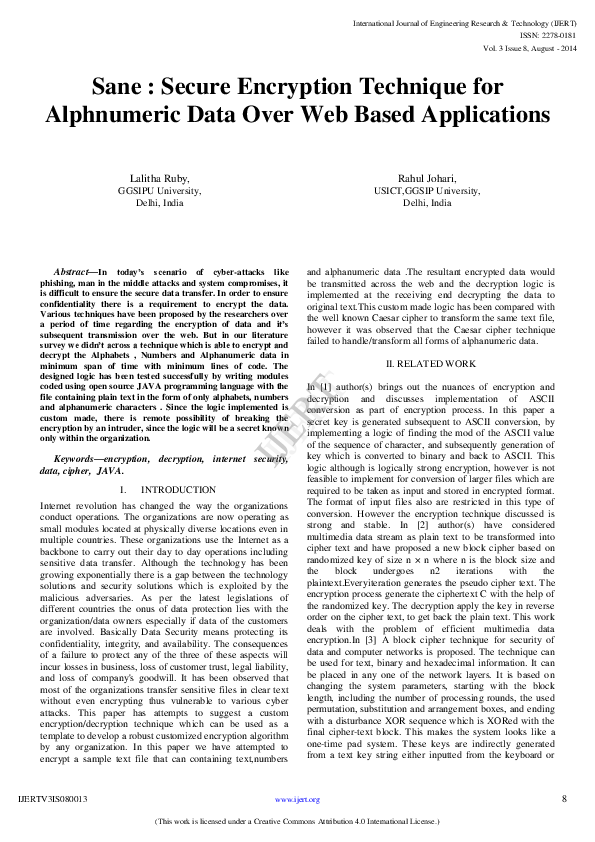 (PDF) IJERT-Sane : Secure Encryption Technique for Alphnumeric Data Over Web Based Applications