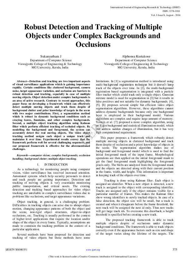 Pdf Ijert Robust Detection And Tracking Of Multiple Objects Under
