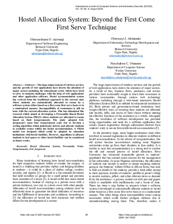 (PDF) Hostel Allocation System: Beyond the First Come First Serve Technique