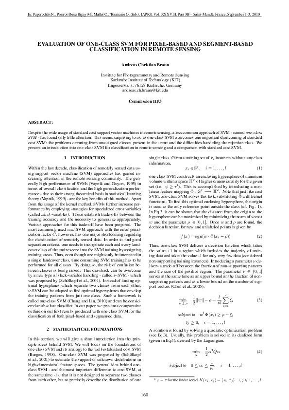 (PDF) EVALUATION OF ONE-CLASS SVM FOR PIXEL-BASED AND SEGMENT-BASED CLASSIFICATION IN REMOTE SENSING