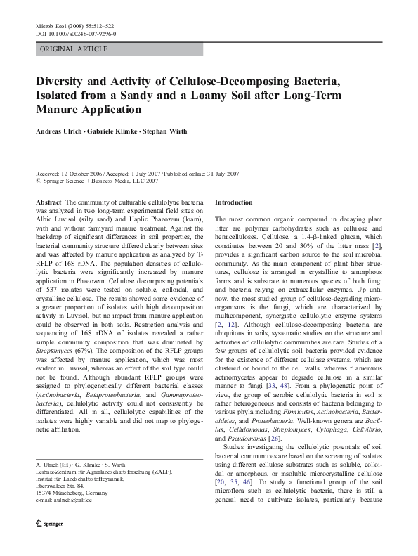 (PDF) Diversity and Activity of Cellulose-Decomposing Bacteria ...
