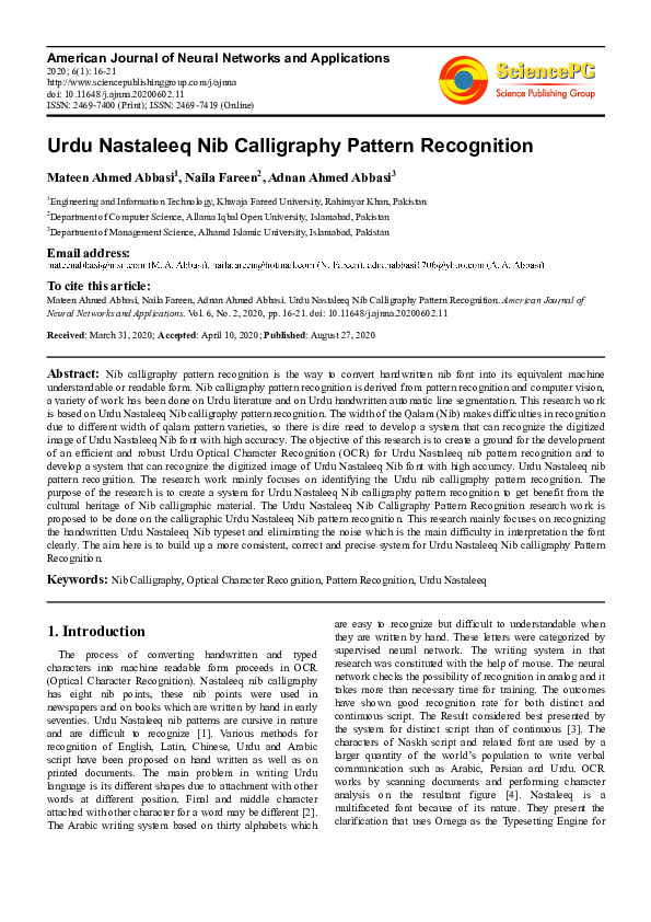 (PDF) Urdu Nastaleeq Nib Calligraphy Pattern Recognition
