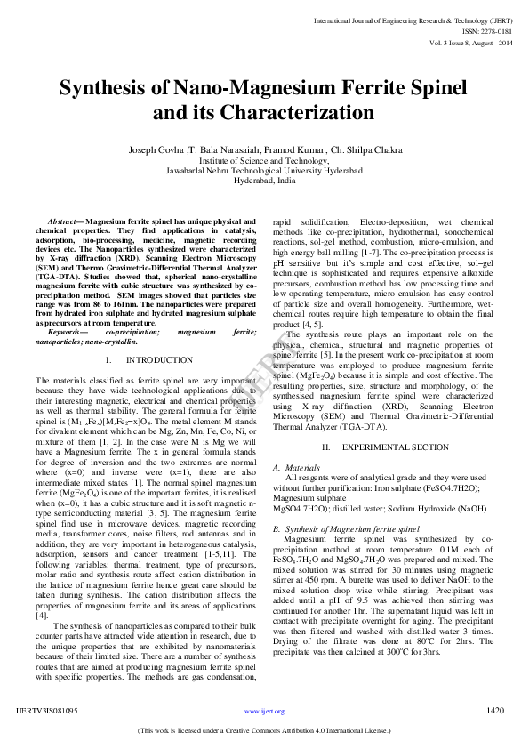 (PDF) IJERT-Synthesis of Nano-Magnesium Ferrite Spinel and its Characterization